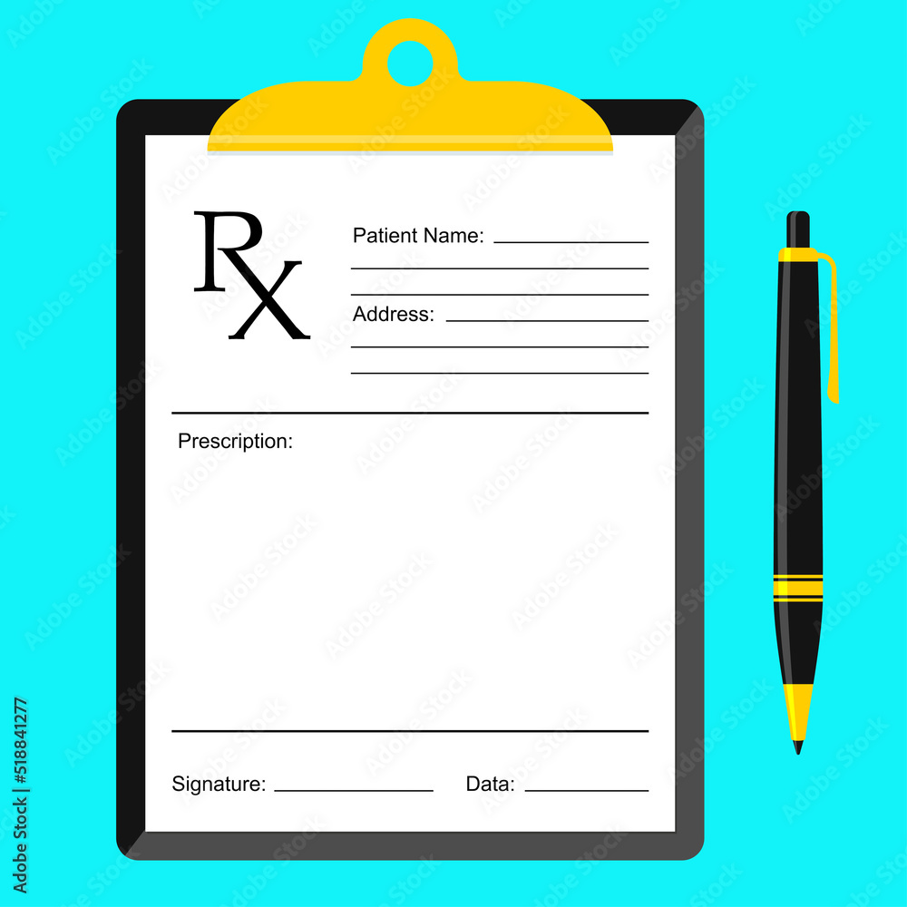 Rx medical prescription and pen concept illustration. Rx recipe form ...
