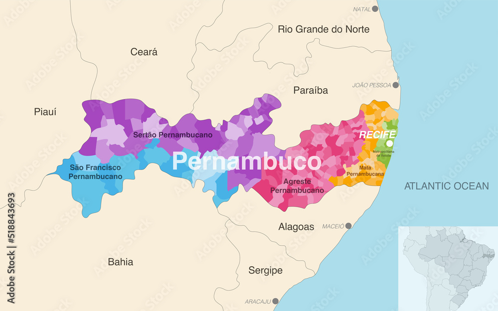 Poster Brazil state Pernambuco administrative map showing municipalities colored by sta – Wall ...
