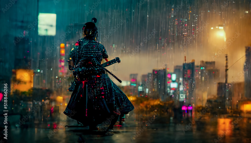 Samurai on the background of the night neon city, rain. Dark rainy ...