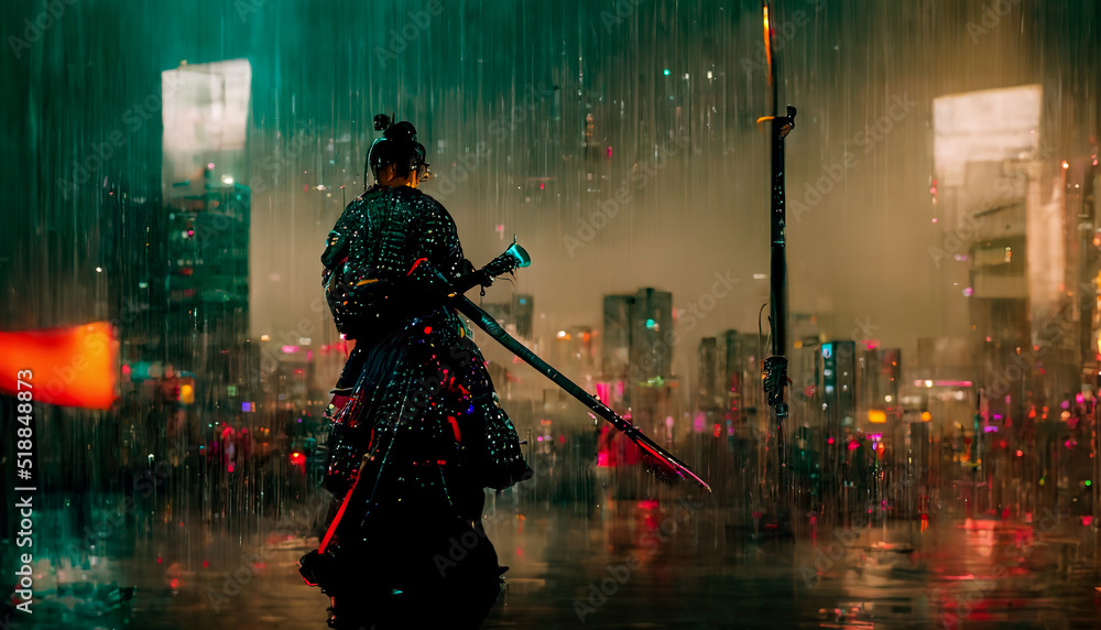 Samurai on the background of the night neon city, rain. Dark rainy ...