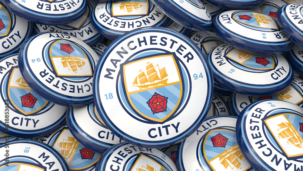 3d rendering of a lots of badges with te Logo of Manchester City ...