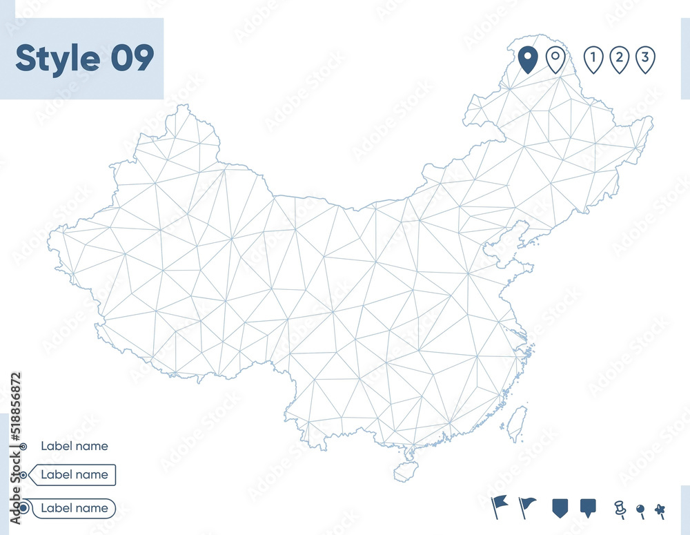 China - white low poly map, polygonal map. Outline map. Vector ...