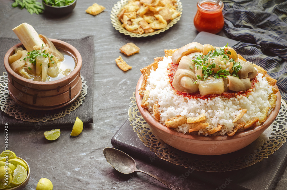 Arabic cuisine; Egyptian oriental Fattah with white rice and crispy ...
