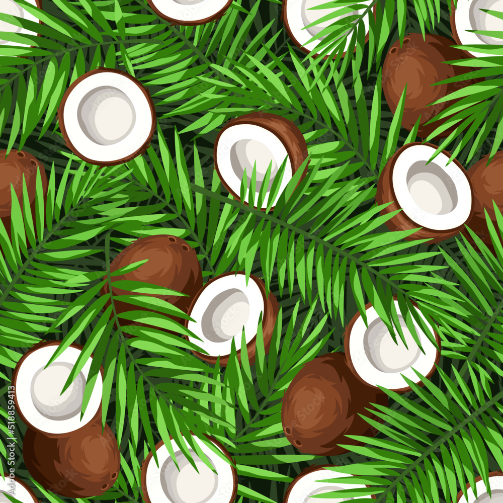 Tropical seamless pattern with coconuts and green coconut palm leaves ...