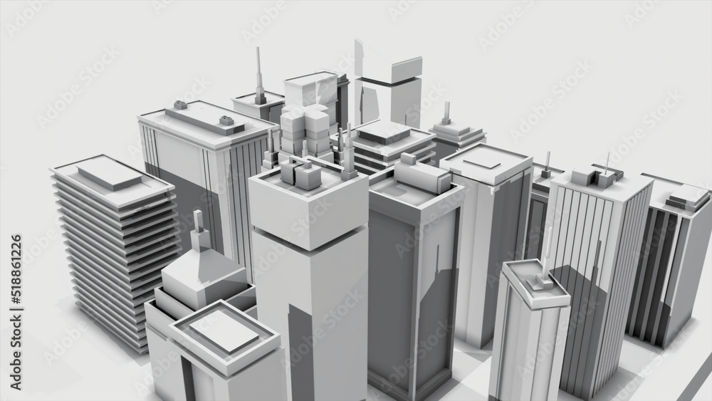 Abstract animation of 3d architectural scale model of big modern city ...