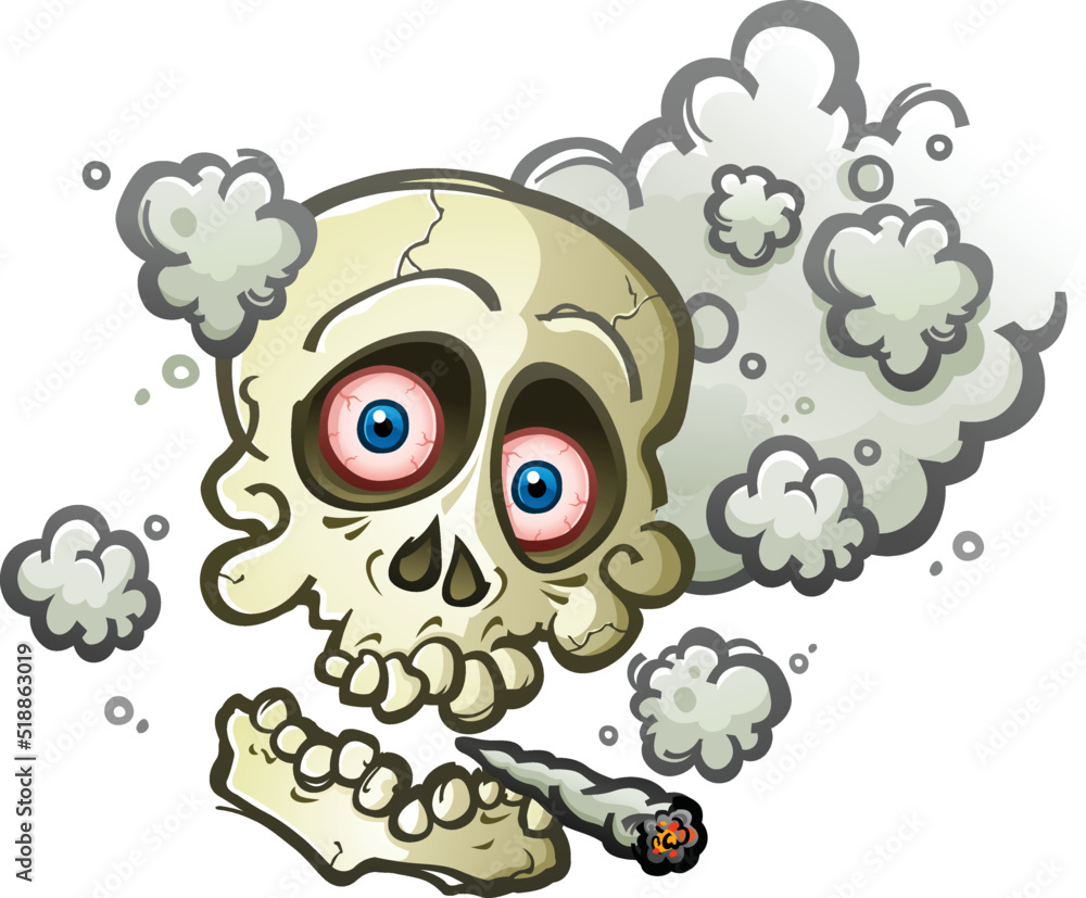 Skull cartoon character smoking a marijuana joint with a surrounding ...