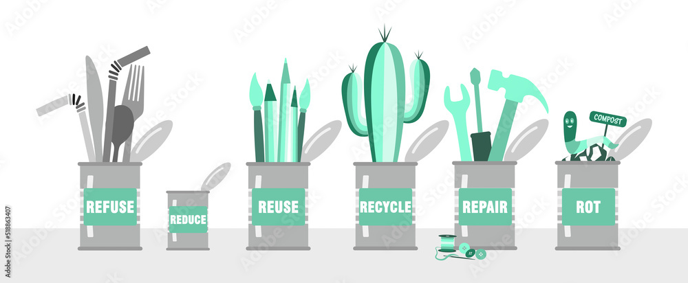 Zero Waste management, illustrated in 6 cans. Refuse, reduce, recycle ...