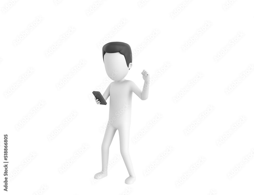 Stick Man with Hair character looking his phone and doing winner ...