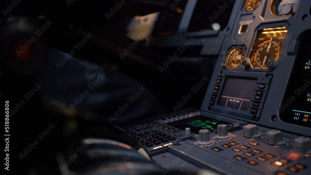 Panel of switches on an aircraft flight deck. Autopilot control element ...