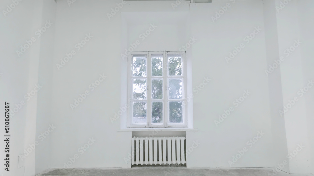 Blank white wall with window. Slide motion of movement or hitting the ...