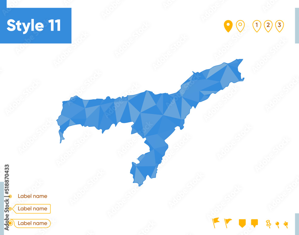 Assam, India - blue low poly map, polygonal map. Outline map. Vector ...