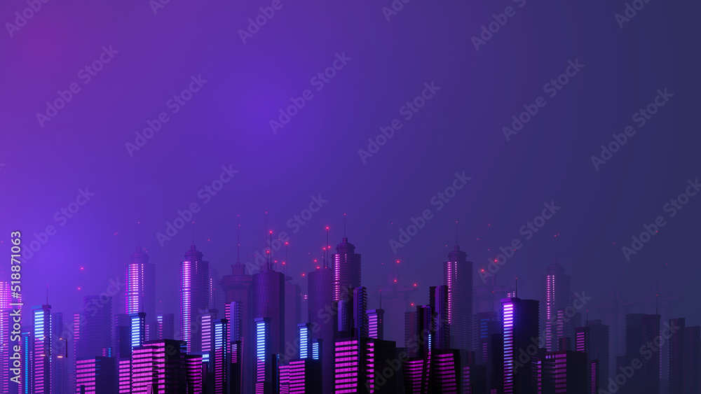 3d render of Cyber night mega city landscape scene. Light glowing and ...