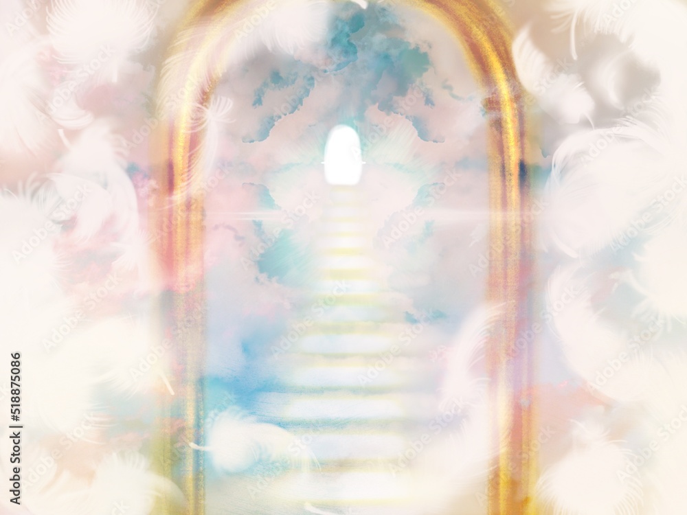 This illustration depicts the golden gates of heaven seen beyond the ...