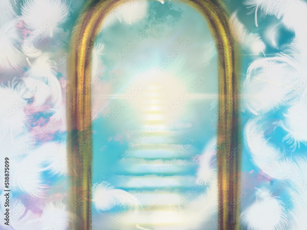 This illustration depicts the golden gates of heaven seen beyond the ...