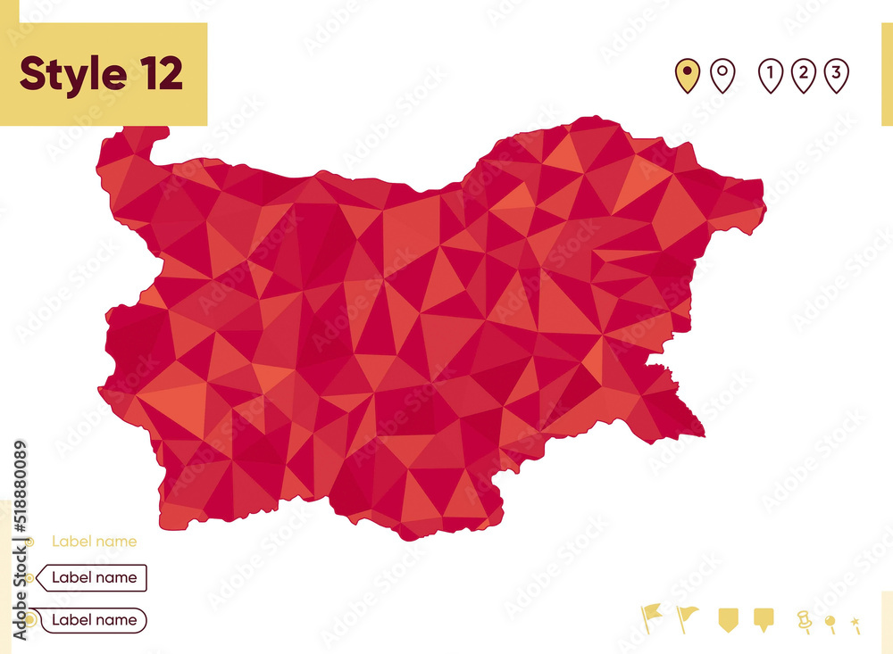 Bulgaria - red low poly map, polygonal map. Outline map. Vector ...
