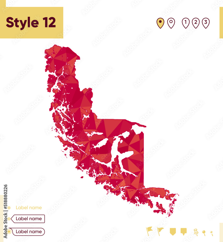 Magallanes, Chile - red low poly map, polygonal map. Outline map ...
