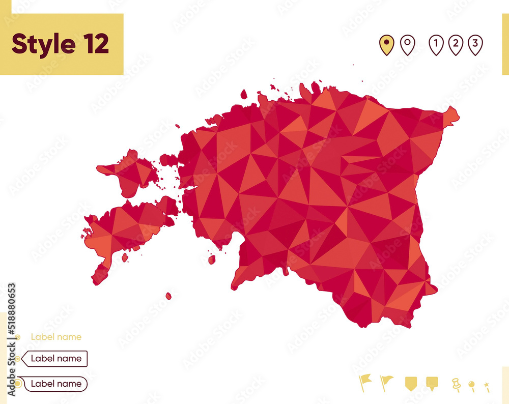 Estonia - red low poly map, polygonal map. Outline map. Vector ...