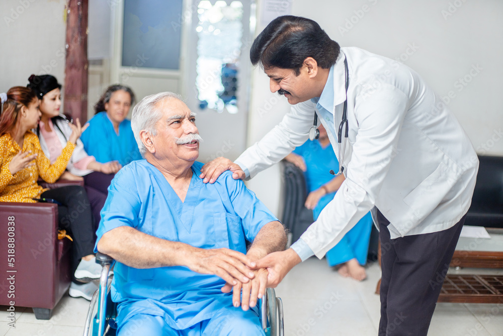 alzheimer, Indian doctor support disabled old man patient sit on ...