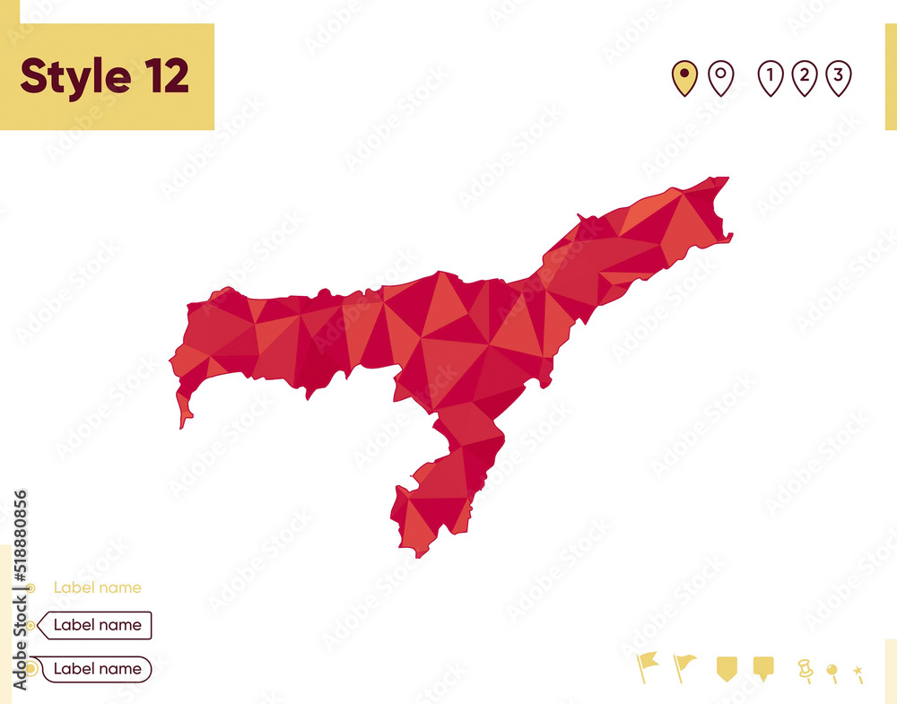 Assam, India - red low poly map, polygonal map. Outline map. Vector ...