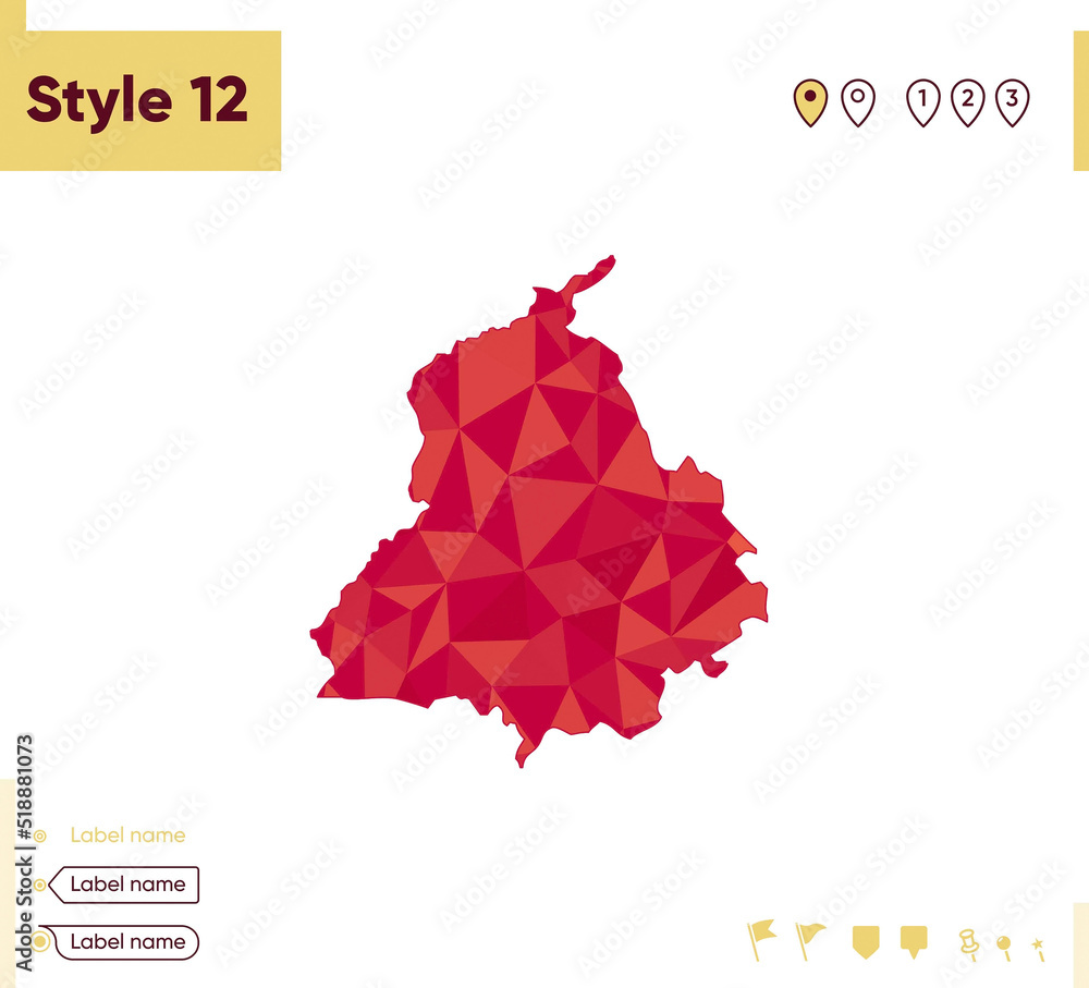Punjab, India - red low poly map, polygonal map. Outline map. Vector ...