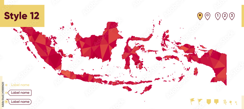 Indonesia - red low poly map, polygonal map. Outline map. Vector ...
