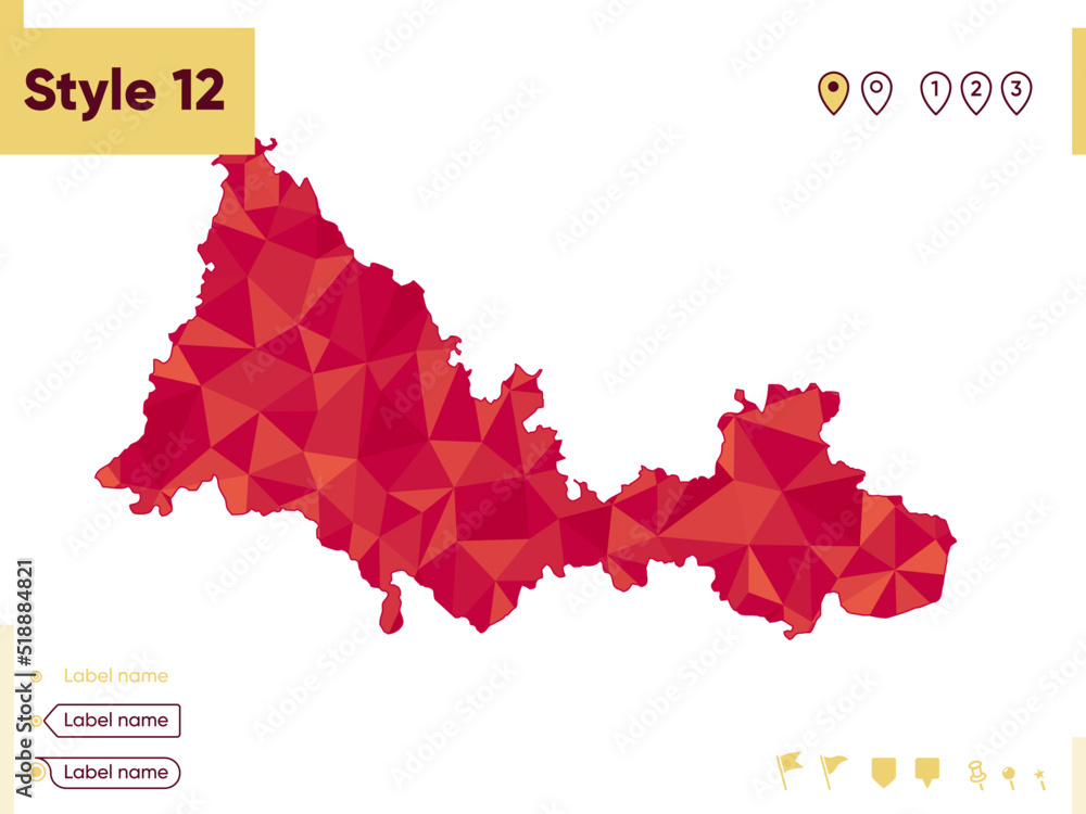 Orenburg Region, Russia - red low poly map, polygonal map. Outline map ...