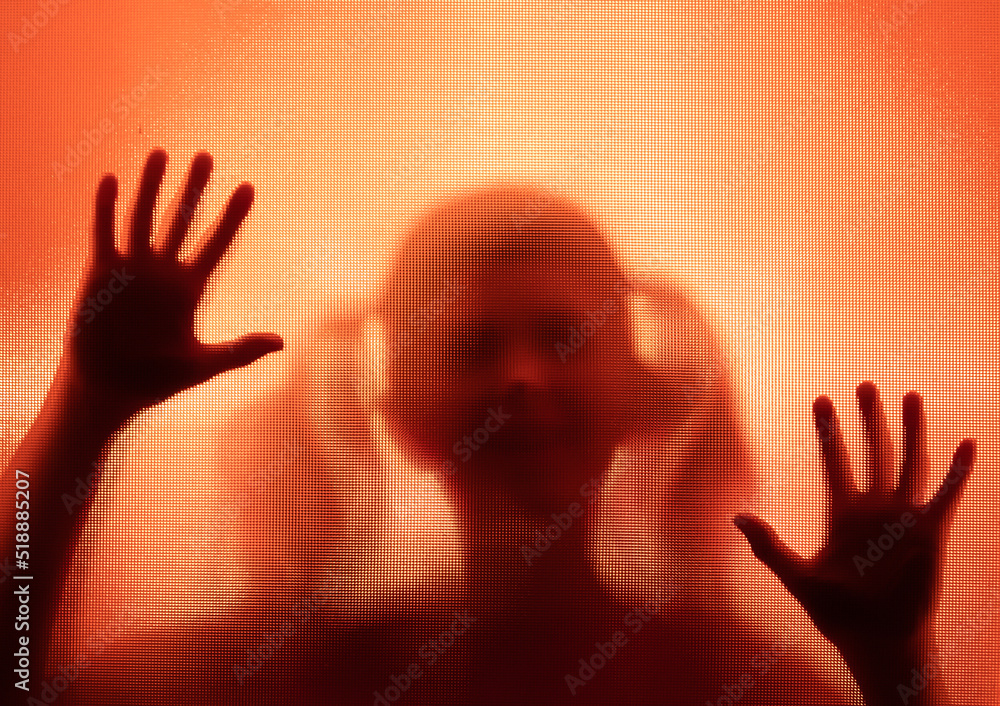 Shadowy figure, child behind glass - horror background Stock Photo ...