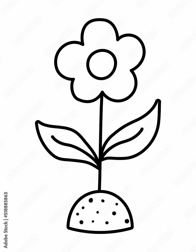 Vector black and white growing flower. Floral decorative element ...