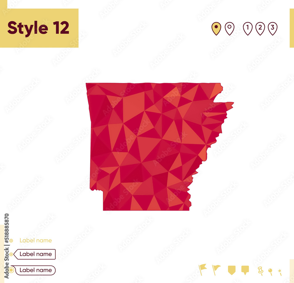 Arkansas, USA - red low poly map, polygonal map. Outline map. Vector ...
