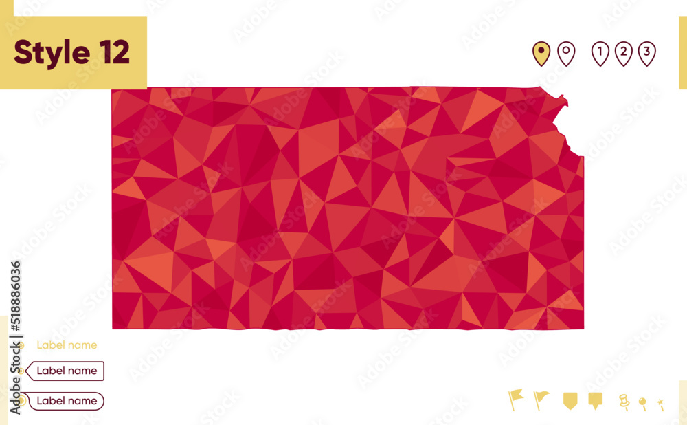 Kansas, USA - red low poly map, polygonal map. Outline map. Vector ...