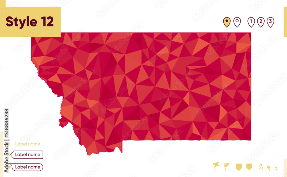 Montana, USA - red low poly map, polygonal map. Outline map. Vector ...