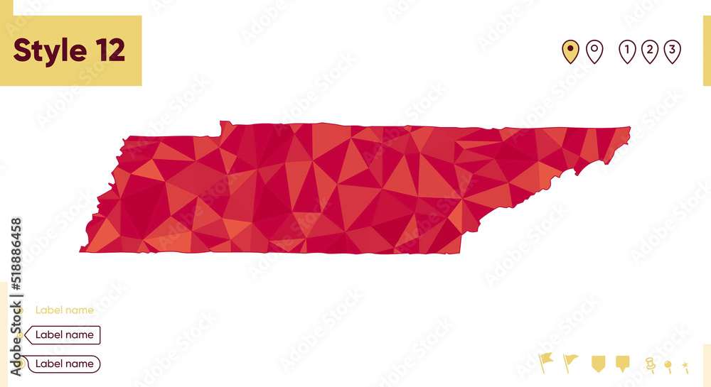 Tennessee, USA - red low poly map, polygonal map. Outline map. Vector ...