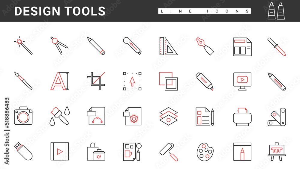 Digital design tools thin red and black line icons set vector ...