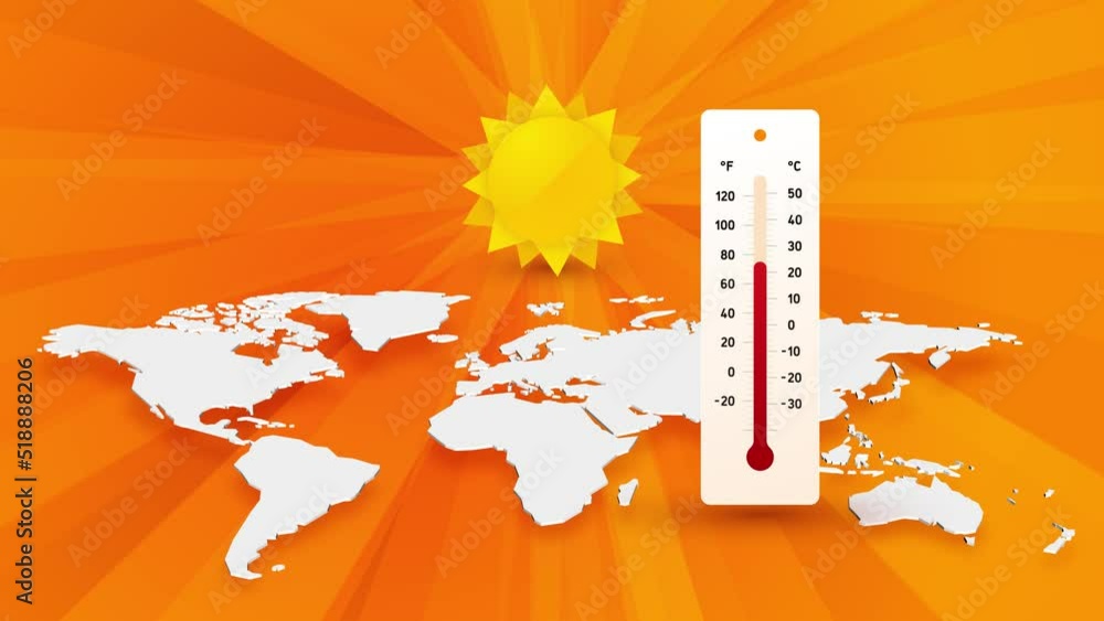 world map, the sun is warming the planet, the temperature is rising on the thermometer, the ...