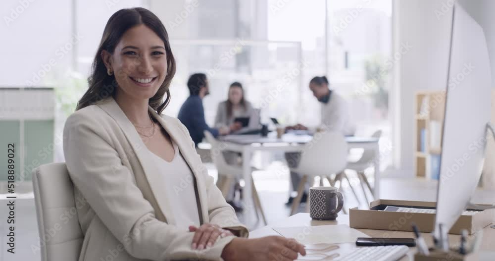 Confident business woman proud of her success at the company she works ...