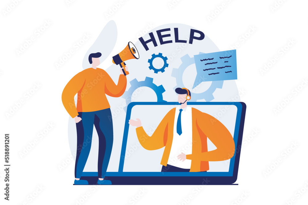 Technical support concept with people scene in flat cartoon design. Man ...
