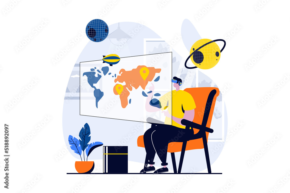 Virtual reality concept with people scene in flat cartoon design. Man ...