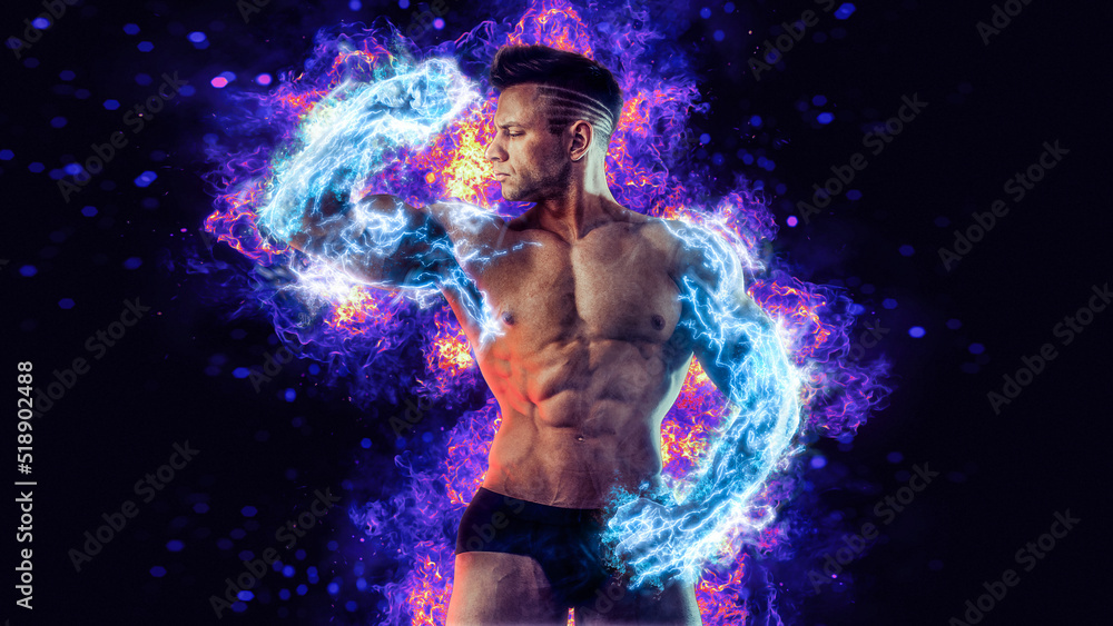 Muscular body builder lifting weight with energy lights on biceps ...