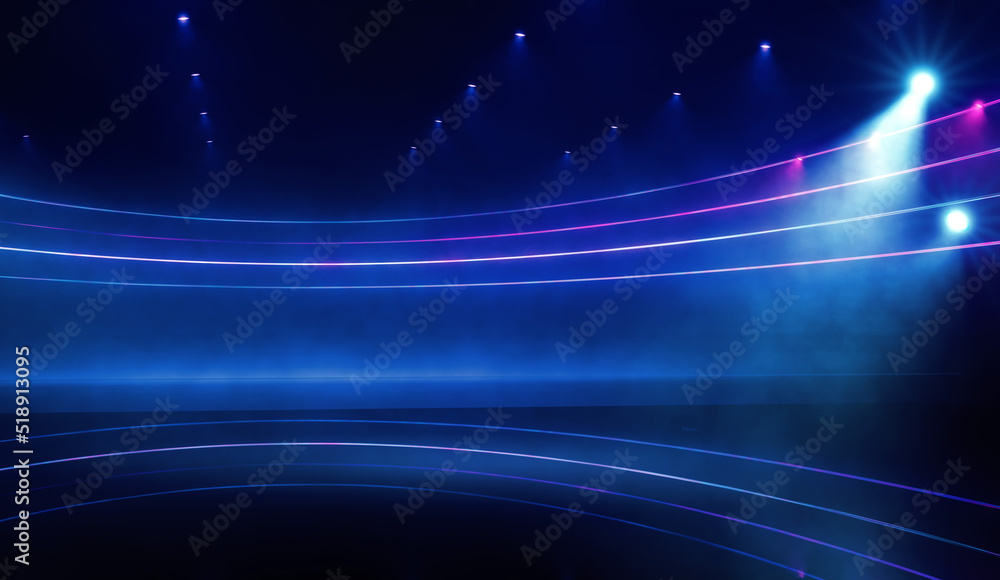 Large modern game show stadium with neon lights shining into fog Stock ...