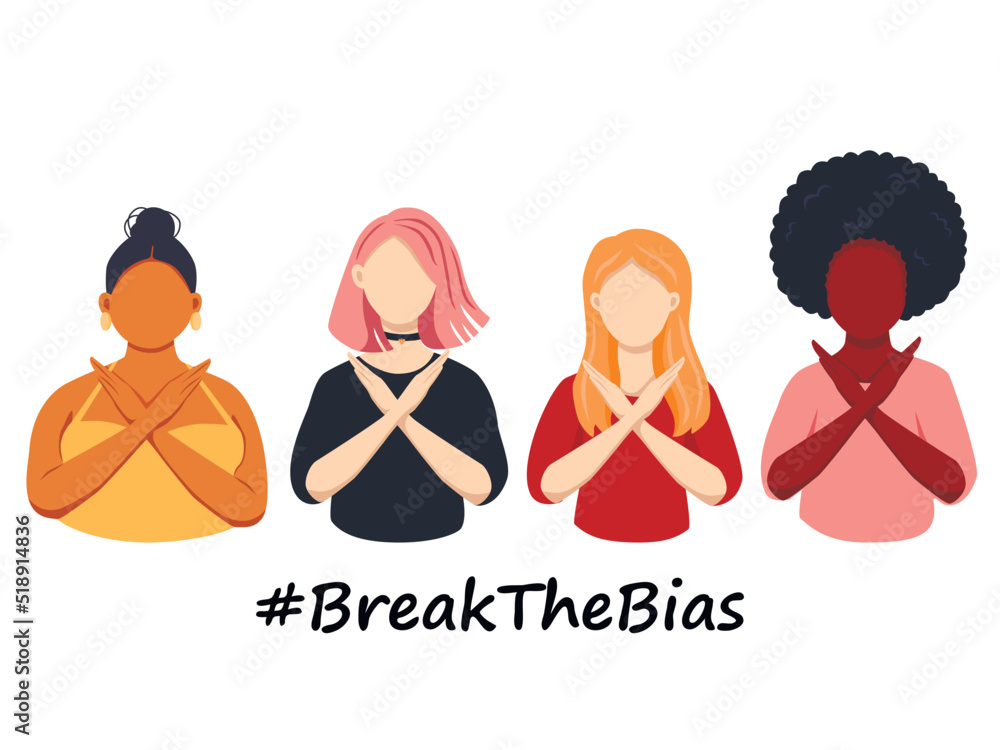 Diverse women stand with crossed arms to stop gender discrimination and ...