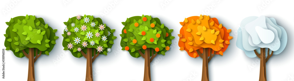 Four seasons tree isolated on white background, spring with flowers ...