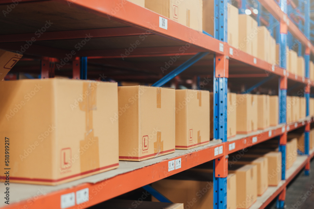 Cardboard Boxes Product in Warehouse Shelf. Product Package for ...