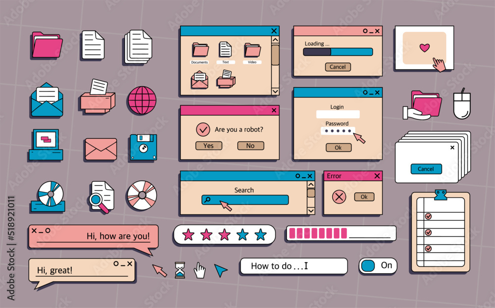 A set of user interface elements, UI and UX themes. In the vaporwave ...