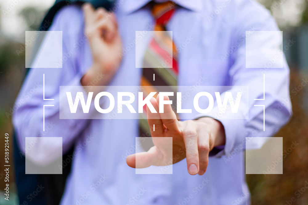 Businessman hand presses button workflow on virtual panel. Business ...