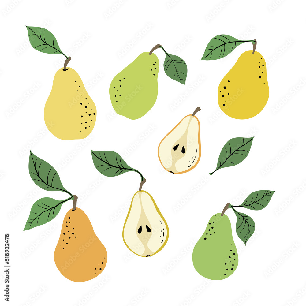 Set of yellow and green pears and pear slices. Hand drawn pears pattern ...