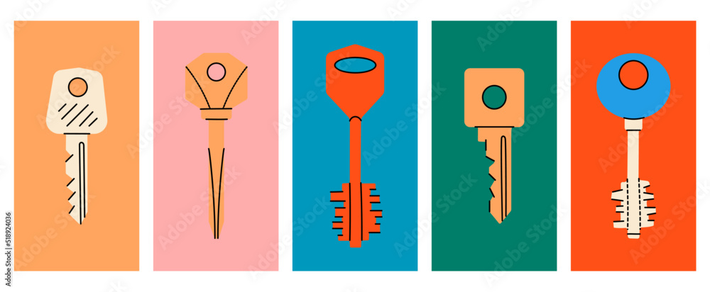 Set of house keys. Colored various posters with hand drawn house keys ...