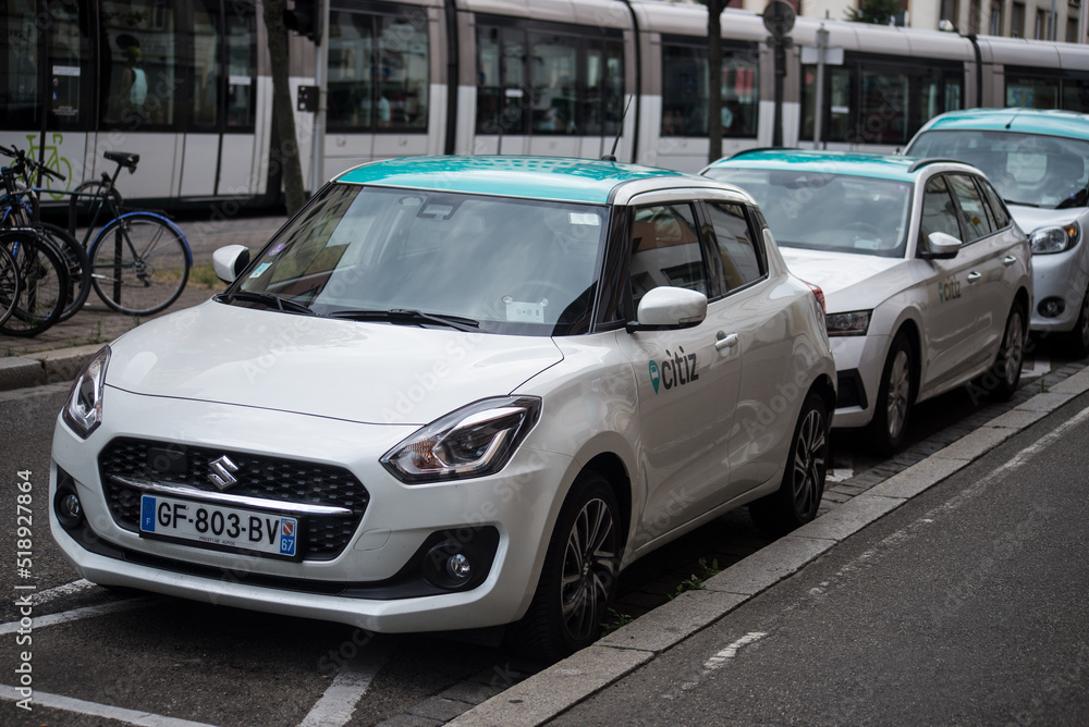 Strasbourg - France - 23 July 2022 - Front view of rental electric cars ...