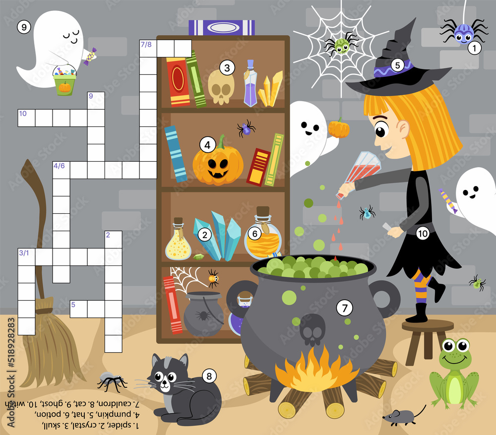 Halloween crossword with witch. Cauldron. Educational puzzle game for ...