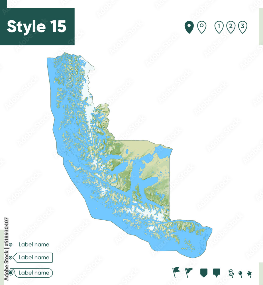 Magallanes, Chile - map with shaded relief, land cover, rivers, lakes ...