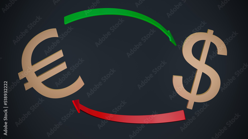 Dollar and euro symbols surrounded by two arrows on a dark background ...